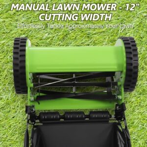 12" 5-Blade Reel Manual Push Lawn Mower with Grass Catcher, Adjustable Cutting Handle Height, Green