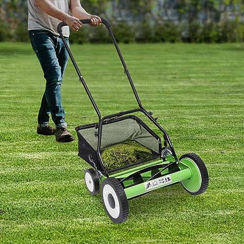 12" 5-Blade Reel Manual Push Lawn Mower with Grass Catcher, Adjustable Cutting Handle Height, Green