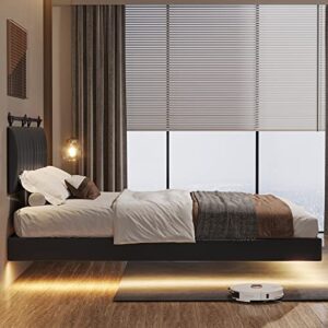 Hasuit Full Floating Bed Frame with Led Light, Modern Inspired Full Size Platform Bed, Vegan Leather Upholstered Wall Mounted Headboard, No Box Spring Needed, Noise Free, Easy Assembly