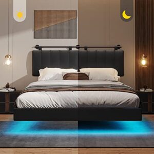 Hasuit Full Floating Bed Frame with Led Light, Modern Inspired Full Size Platform Bed, Vegan Leather Upholstered Wall Mounted Headboard, No Box Spring Needed, Noise Free, Easy Assembly