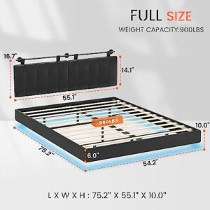 Hasuit Full Floating Bed Frame with Led Light, Modern Inspired Full Size Platform Bed, Vegan Leather Upholstered Wall Mounted Headboard, No Box Spring Needed, Noise Free, Easy Assembly