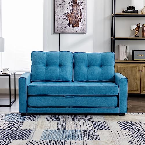 BIADNBZ 59.4" Convertible Loveseat Sleeper Sofa with Pull-Out Bed, Modern Upholstered Couch with Side Pocket, for Living Room Office or Small Spaces, Blue