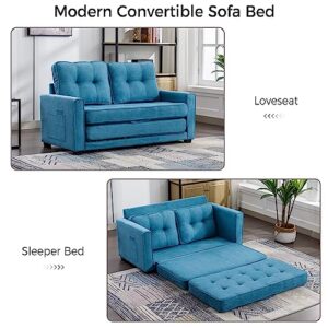 BIADNBZ 59.4" Convertible Loveseat Sleeper Sofa with Pull-Out Bed, Modern Upholstered Couch with Side Pocket, for Living Room Office or Small Spaces, Blue