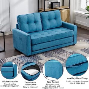 BIADNBZ 59.4" Convertible Loveseat Sleeper Sofa with Pull-Out Bed, Modern Upholstered Couch with Side Pocket, for Living Room Office or Small Spaces, Blue