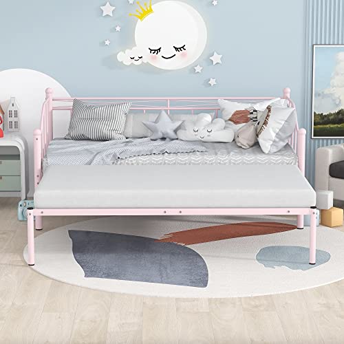 LCH Twin Size Daybed with Trundle, Metal Day Bed with Steel Slat Support,Sofa Bed Frame for Children, Teens and Adults, No Spring Box Need, Suitable for Bedroom, Apartment and Dorm, Pink