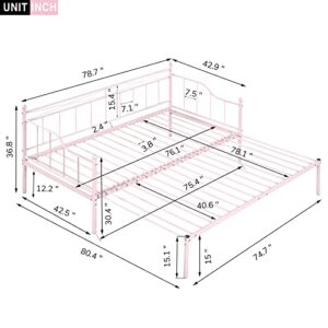 LCH Twin Size Daybed with Trundle, Metal Day Bed with Steel Slat Support,Sofa Bed Frame for Children, Teens and Adults, No Spring Box Need, Suitable for Bedroom, Apartment and Dorm, Pink