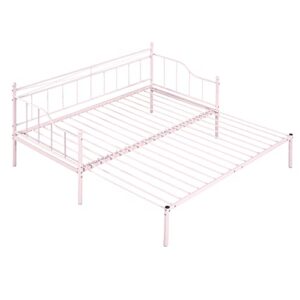 LCH Twin Size Daybed with Trundle, Metal Day Bed with Steel Slat Support,Sofa Bed Frame for Children, Teens and Adults, No Spring Box Need, Suitable for Bedroom, Apartment and Dorm, Pink