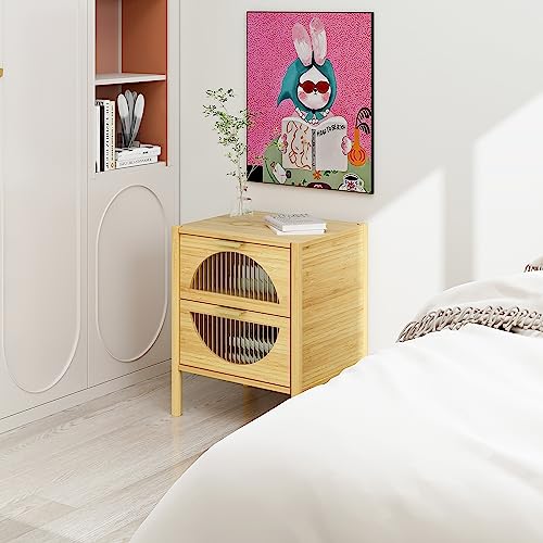 End Table with 2 Drawers, Bamboo Mid Century Modern Bamboo Bedside Table Night Stand with Drawer and Storage Shelf for Bedroom, Solid Wood End Table Side Table for Living Room, Easy Assembly