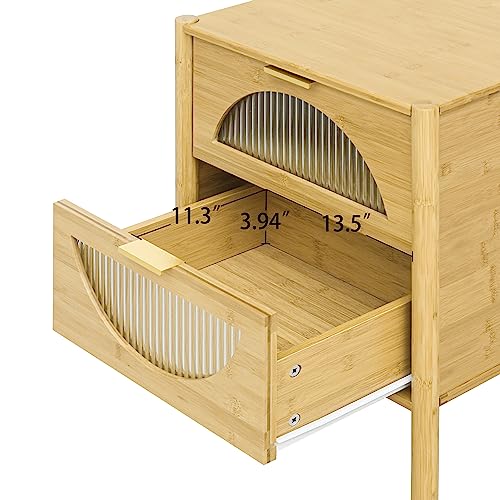 End Table with 2 Drawers, Bamboo Mid Century Modern Bamboo Bedside Table Night Stand with Drawer and Storage Shelf for Bedroom, Solid Wood End Table Side Table for Living Room, Easy Assembly