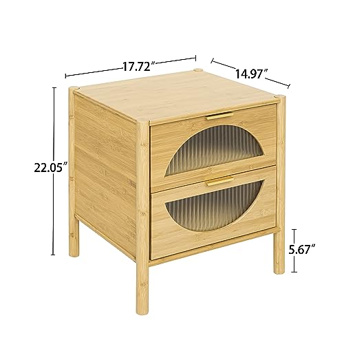 End Table with 2 Drawers, Bamboo Mid Century Modern Bamboo Bedside Table Night Stand with Drawer and Storage Shelf for Bedroom, Solid Wood End Table Side Table for Living Room, Easy Assembly