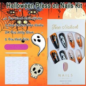 Halloween Fake Nails- 24Pcs Halloween Press on Nails Long Coffin False Nails Square Glue on Nails Gothic Ghost Spider Web Full Cover Halloween False Nails for Women Girls Acrylic Nails Decoration