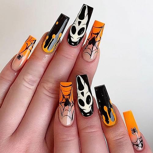 Halloween Fake Nails- 24Pcs Halloween Press on Nails Long Coffin False Nails Square Glue on Nails Gothic Ghost Spider Web Full Cover Halloween False Nails for Women Girls Acrylic Nails Decoration