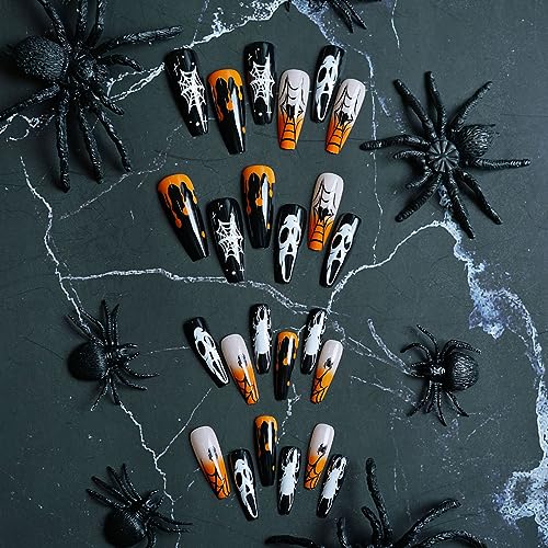 Halloween Fake Nails- 24Pcs Halloween Press on Nails Long Coffin False Nails Square Glue on Nails Gothic Ghost Spider Web Full Cover Halloween False Nails for Women Girls Acrylic Nails Decoration