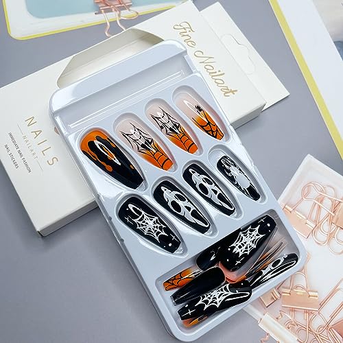 Halloween Fake Nails- 24Pcs Halloween Press on Nails Long Coffin False Nails Square Glue on Nails Gothic Ghost Spider Web Full Cover Halloween False Nails for Women Girls Acrylic Nails Decoration