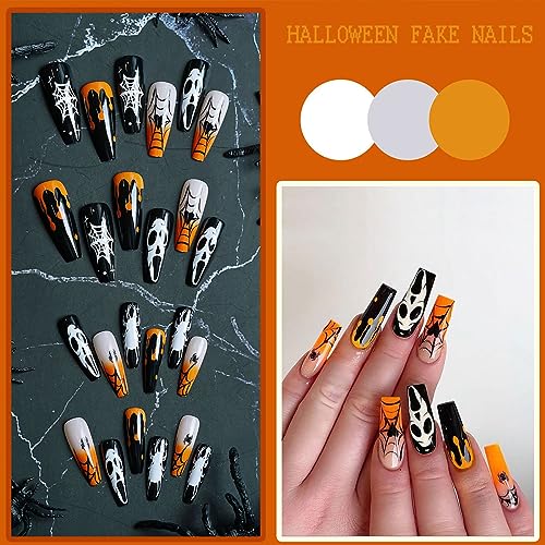 Halloween Fake Nails- 24Pcs Halloween Press on Nails Long Coffin False Nails Square Glue on Nails Gothic Ghost Spider Web Full Cover Halloween False Nails for Women Girls Acrylic Nails Decoration