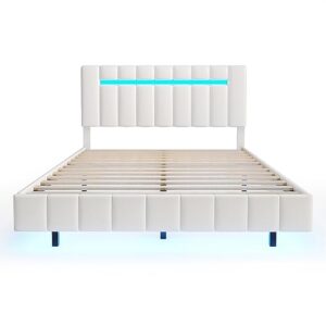 Classic Queen Size Floating Bed with LED Lights and USB Charging, Modern Upholstered Platform LED Bed Frame with Headboard for Kids Teens Adults, Velcro Slats Design (White-kk147)