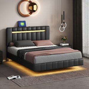 vilrocaz modern queen size floating bed with led lights and usb charging, pu upholstered platform bed led bed frame with strong wood slats support, no-noise design (a-black)