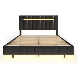 VilroCaz Modern Queen Size Floating Bed with LED Lights and USB Charging, PU Upholstered Platform Bed LED Bed Frame with Strong Wood Slats Support, No-Noise Design (A-Black)