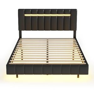 VilroCaz Modern Queen Size Floating Bed with LED Lights and USB Charging, PU Upholstered Platform Bed LED Bed Frame with Strong Wood Slats Support, No-Noise Design (A-Black)