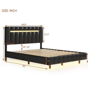 VilroCaz Modern Queen Size Floating Bed with LED Lights and USB Charging, PU Upholstered Platform Bed LED Bed Frame with Strong Wood Slats Support, No-Noise Design (A-Black)