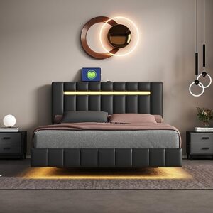 VilroCaz Modern Queen Size Floating Bed with LED Lights and USB Charging, PU Upholstered Platform Bed LED Bed Frame with Strong Wood Slats Support, No-Noise Design (A-Black)