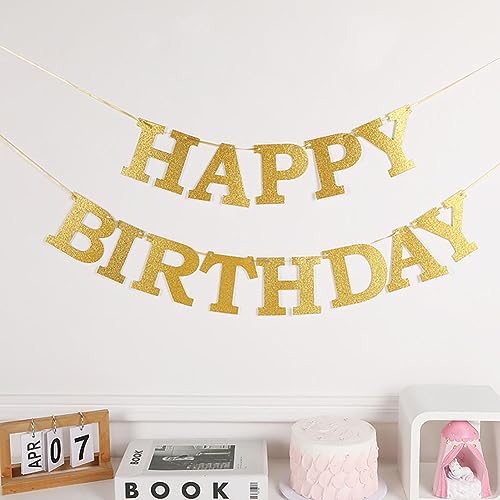 ccHuDE Glitter Happy Birthday Banner Wall Hanging Banner Shiny Baby Shower Banner Birthday Party Decorative Banner for Backdrop Backyard Gold