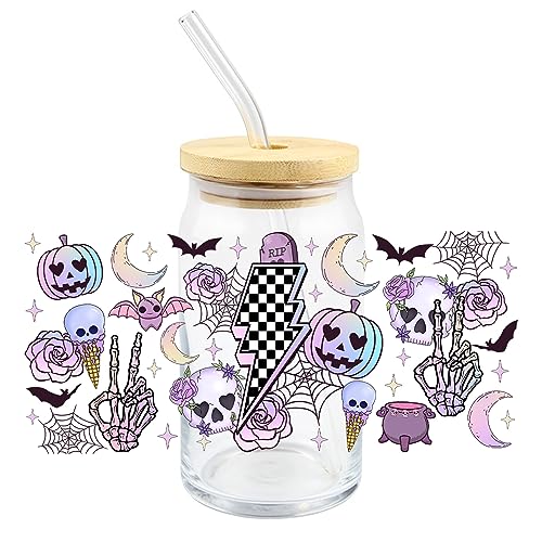 10 Sheets Halloween UV DTF Transfer Sticker 3D Cups Wraps Stickers for 16oz Libbey Glass Mug Waterproof Rub on Transfers Decal for Crafts