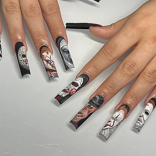 Halloween Press on Nails Long Square Fake Nails Eight Ghost Face Bleed Designs False Nails Full Cover Abstract Acrylic Nails Matte Extra Long Glue on Nails Halloween Stick on Nails for Women Girls