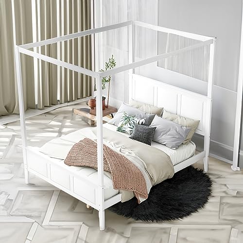 Altillo Queen Size Wooden Canopy Platform Bed Frames with Headboard/Footboard, Modern Concise Platform Bed with Solid Wood Slat Support for Bedroom Boys Girls Adults Teens, White (Queen)