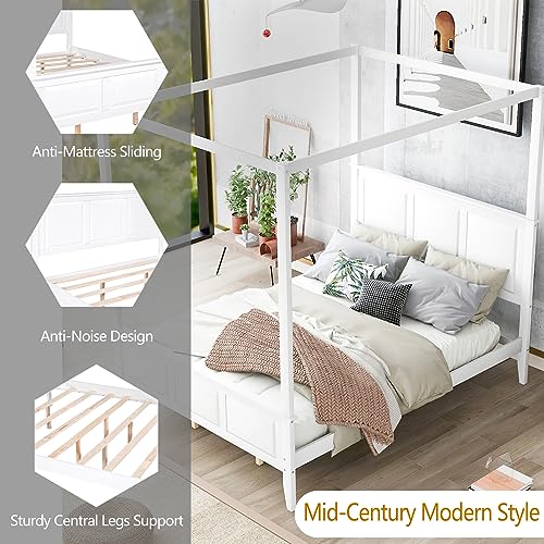 Altillo Queen Size Wooden Canopy Platform Bed Frames with Headboard/Footboard, Modern Concise Platform Bed with Solid Wood Slat Support for Bedroom Boys Girls Adults Teens, White (Queen)