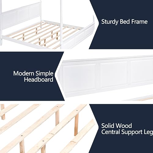 Altillo Queen Size Wooden Canopy Platform Bed Frames with Headboard/Footboard, Modern Concise Platform Bed with Solid Wood Slat Support for Bedroom Boys Girls Adults Teens, White (Queen)