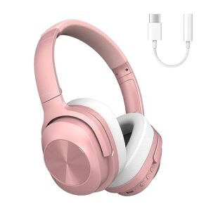 forall active noise cancelling headphones with type-c jack adapter, over ear wireless bluetooth headphones, hi-res audio, deep bass memory foam ear cups, 40h playtime for travel home office - pink