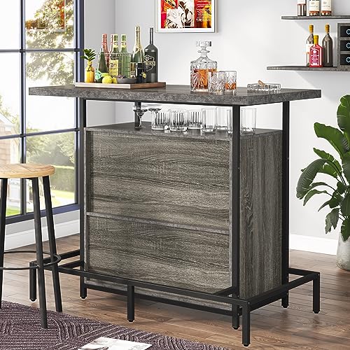 Tribesigns Home Bar Unit, Industrial 3-Tier Liquor Bar Table with Glasses Holder and Wine Storage, Wine Bar Cabinet Set Mini Bar with Footrest for Den Home Pub (Gray)