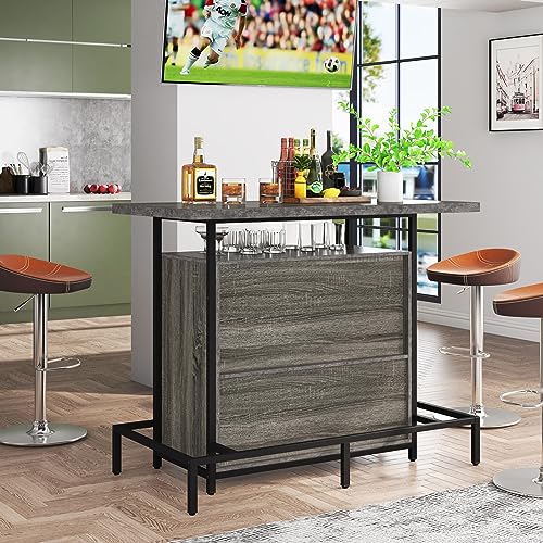 Tribesigns Home Bar Unit, Industrial 3-Tier Liquor Bar Table with Glasses Holder and Wine Storage, Wine Bar Cabinet Set Mini Bar with Footrest for Den Home Pub (Gray)