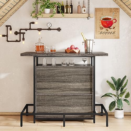 Tribesigns Home Bar Unit, Industrial 3-Tier Liquor Bar Table with Glasses Holder and Wine Storage, Wine Bar Cabinet Set Mini Bar with Footrest for Den Home Pub (Gray)