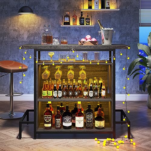 Tribesigns Home Bar Unit, Industrial 3-Tier Liquor Bar Table with Glasses Holder and Wine Storage, Wine Bar Cabinet Set Mini Bar with Footrest for Den Home Pub (Gray)