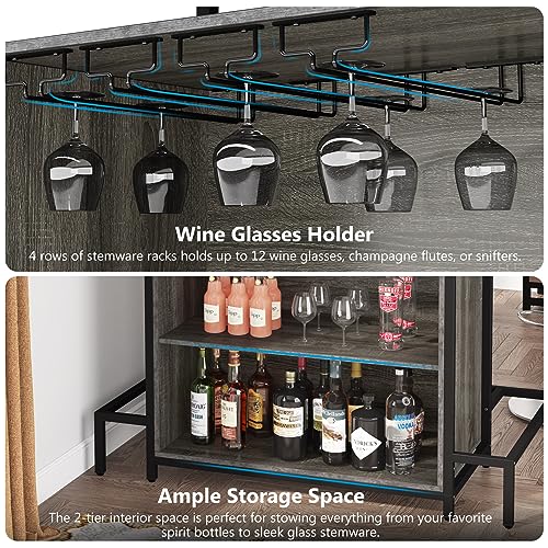 Tribesigns Home Bar Unit, Industrial 3-Tier Liquor Bar Table with Glasses Holder and Wine Storage, Wine Bar Cabinet Set Mini Bar with Footrest for Den Home Pub (Gray)