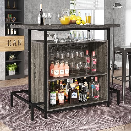 Tribesigns Home Bar Unit, Industrial 3-Tier Liquor Bar Table with Glasses Holder and Wine Storage, Wine Bar Cabinet Set Mini Bar with Footrest for Den Home Pub (Gray)