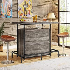 Tribesigns Home Bar Unit, Industrial 3-Tier Liquor Bar Table with Glasses Holder and Wine Storage, Wine Bar Cabinet Set Mini Bar with Footrest for Den Home Pub (Gray)