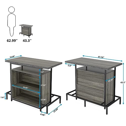 Tribesigns Home Bar Unit, Industrial 3-Tier Liquor Bar Table with Glasses Holder and Wine Storage, Wine Bar Cabinet Set Mini Bar with Footrest for Den Home Pub (Gray)