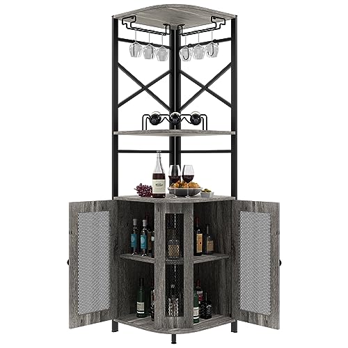 Osfvolr Bar Cabinet w/Wine Rack and Glass Holder, Corner Cabinet with Mesh Door, Corner Bar Cabinet with Adjustable Shelf, Liquor Cabinet Bar for Home, Black Oak, A2