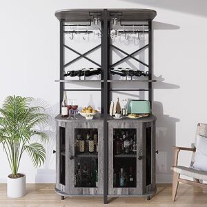 Osfvolr Bar Cabinet w/Wine Rack and Glass Holder, Corner Cabinet with Mesh Door, Corner Bar Cabinet with Adjustable Shelf, Liquor Cabinet Bar for Home, Black Oak, A2