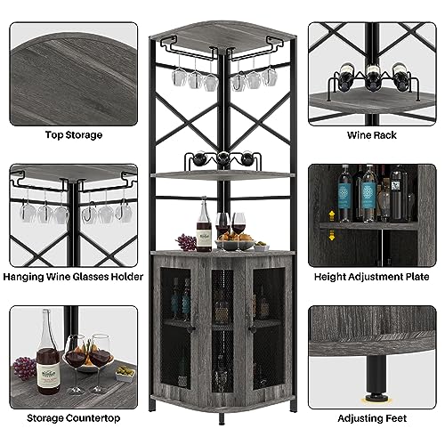 Osfvolr Bar Cabinet w/Wine Rack and Glass Holder, Corner Cabinet with Mesh Door, Corner Bar Cabinet with Adjustable Shelf, Liquor Cabinet Bar for Home, Black Oak, A2