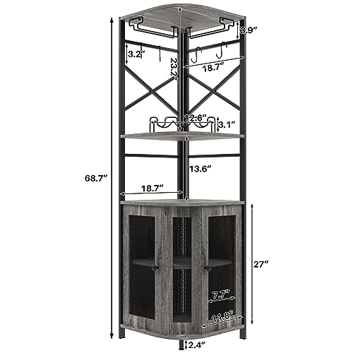 Osfvolr Bar Cabinet w/Wine Rack and Glass Holder, Corner Cabinet with Mesh Door, Corner Bar Cabinet with Adjustable Shelf, Liquor Cabinet Bar for Home, Black Oak, A2