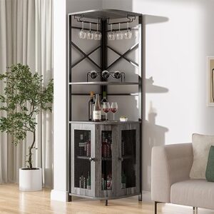 Osfvolr Bar Cabinet w/Wine Rack and Glass Holder, Corner Cabinet with Mesh Door, Corner Bar Cabinet with Adjustable Shelf, Liquor Cabinet Bar for Home, Black Oak, A2