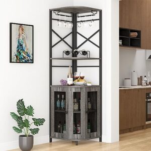 Osfvolr Bar Cabinet w/Wine Rack and Glass Holder, Corner Cabinet with Mesh Door, Corner Bar Cabinet with Adjustable Shelf, Liquor Cabinet Bar for Home, Black Oak, A2