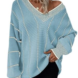 Dokotoo Womens Winter Sweaters 2023 Striped Long Jumper Tops Fashion Color Block V Neck Oversized Sweaters for Women Sky Blue Small