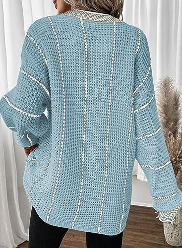 Dokotoo Womens Winter Sweaters 2023 Striped Long Jumper Tops Fashion Color Block V Neck Oversized Sweaters for Women Sky Blue Small