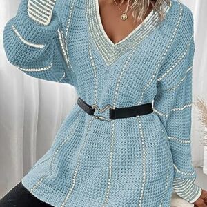 Dokotoo Womens Winter Sweaters 2023 Striped Long Jumper Tops Fashion Color Block V Neck Oversized Sweaters for Women Sky Blue Small