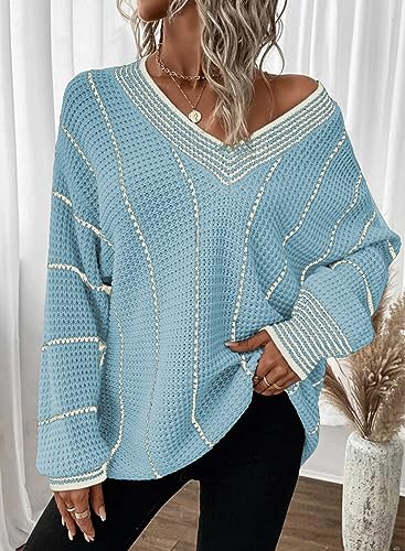 Dokotoo Womens Winter Sweaters 2023 Striped Long Jumper Tops Fashion Color Block V Neck Oversized Sweaters for Women Sky Blue Small